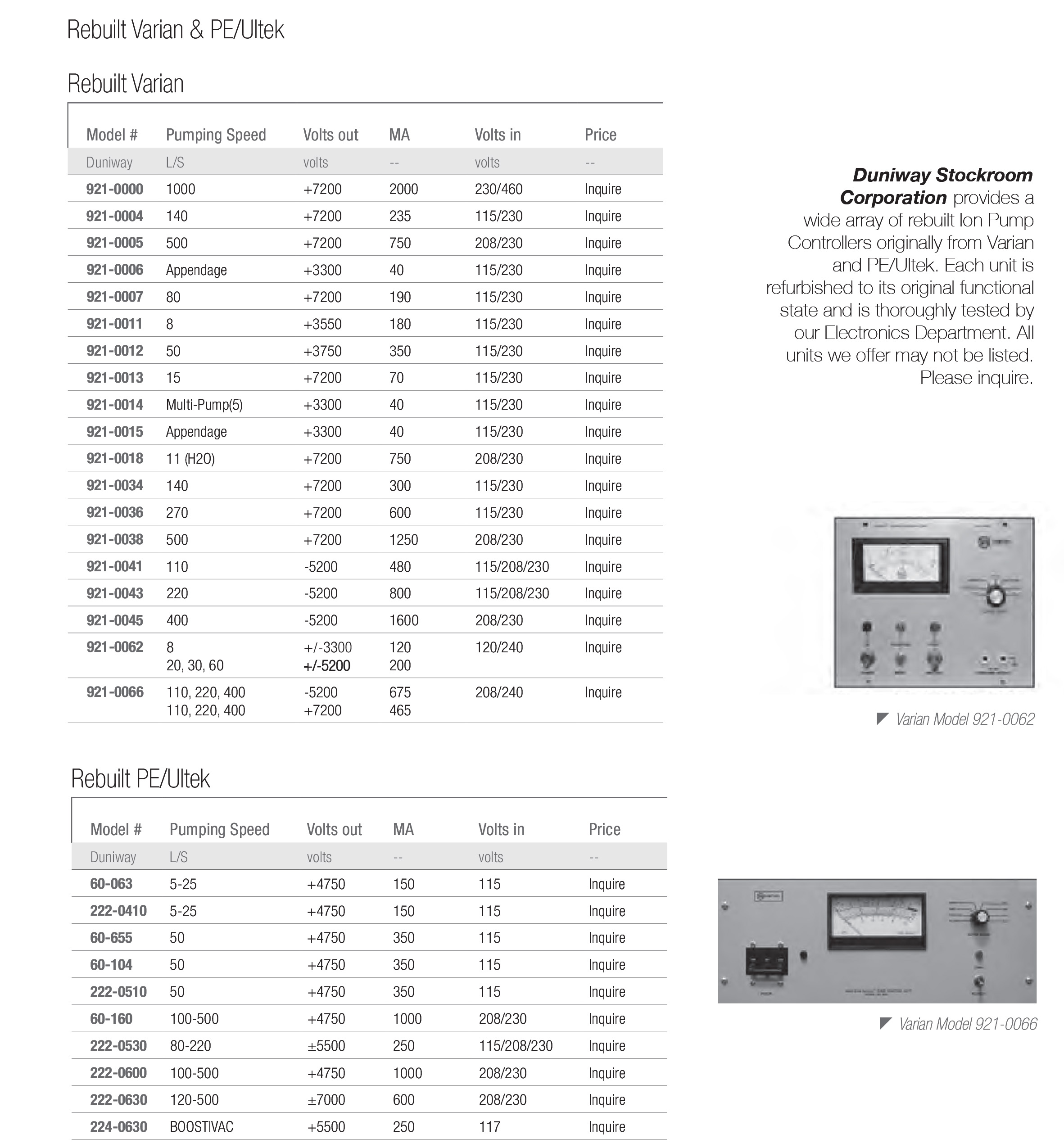 Rebuilt Varian & PE/Ultek | DUNIWAY